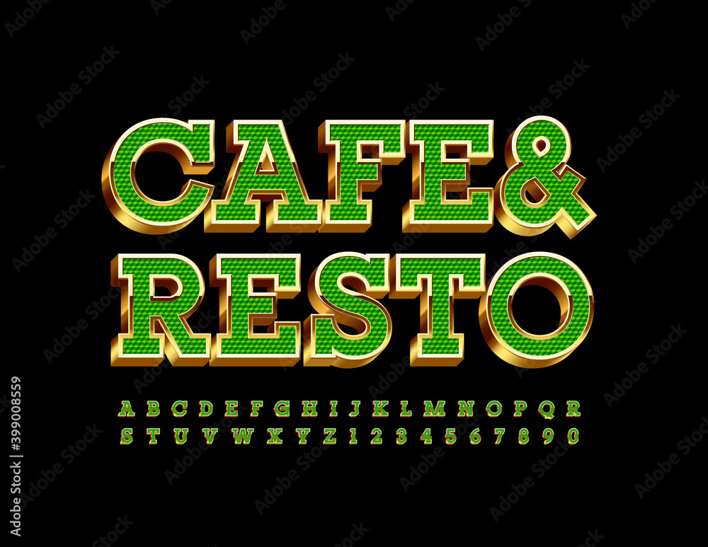 Vector concept logo Cafe and Resto. 3D Green and Gold Font. Luxury ...