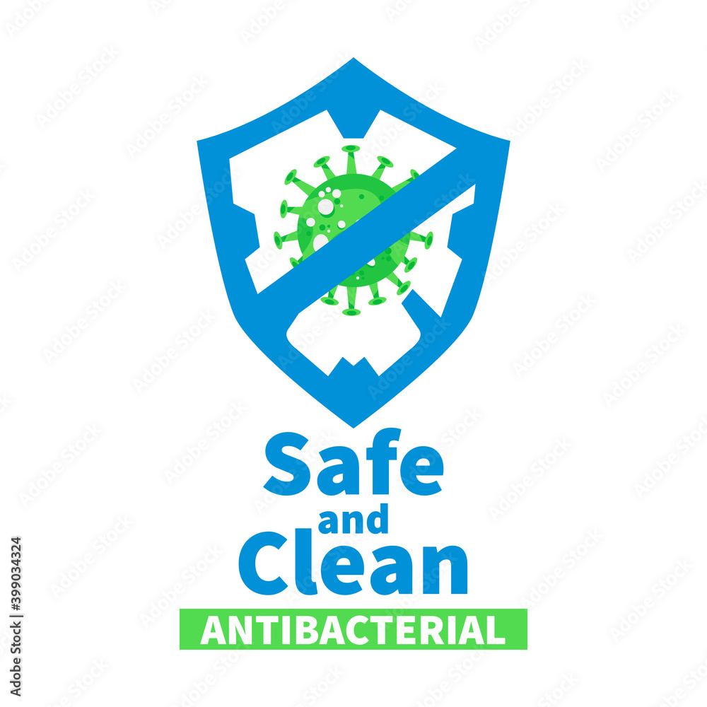 Antibacterial logo from bacteria virus with shield and prohibition sign ...