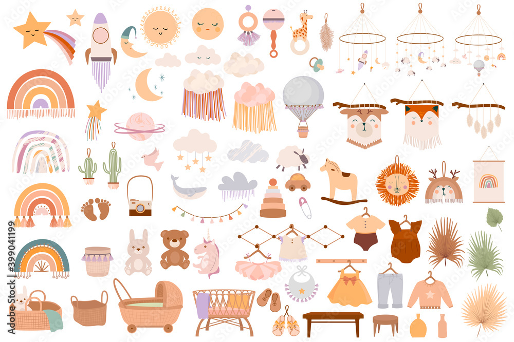 Set of cute boho baby objects in Scandinavian style. Cartoon doodle ...