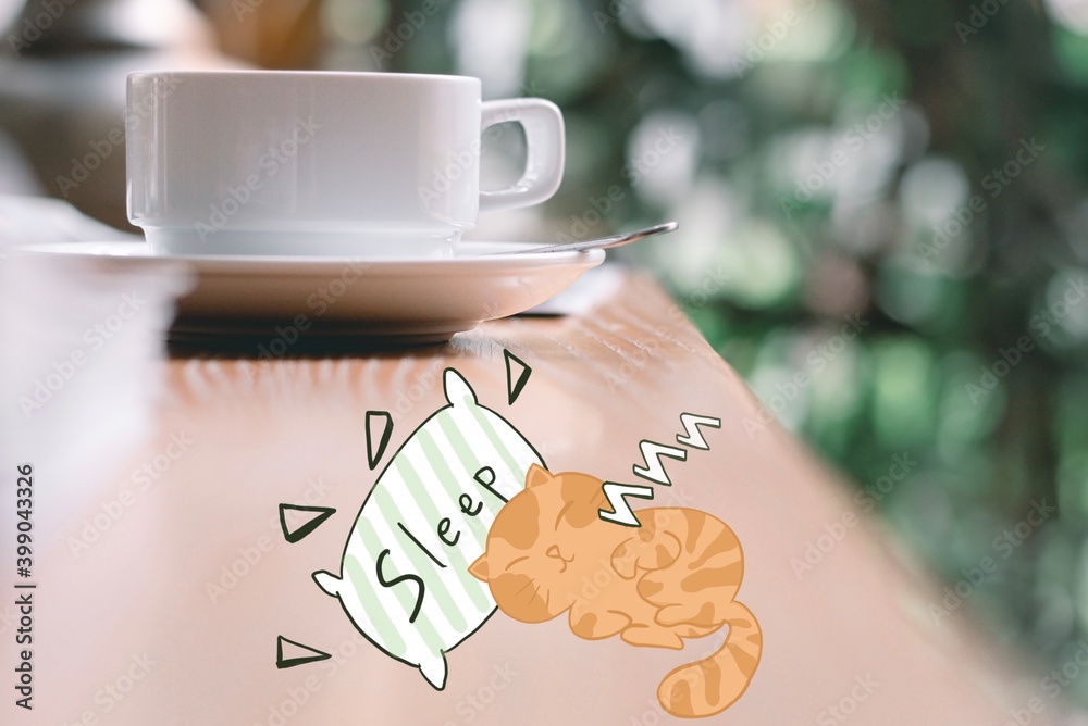 Cute cat portrait with coffee photo on working table background ...