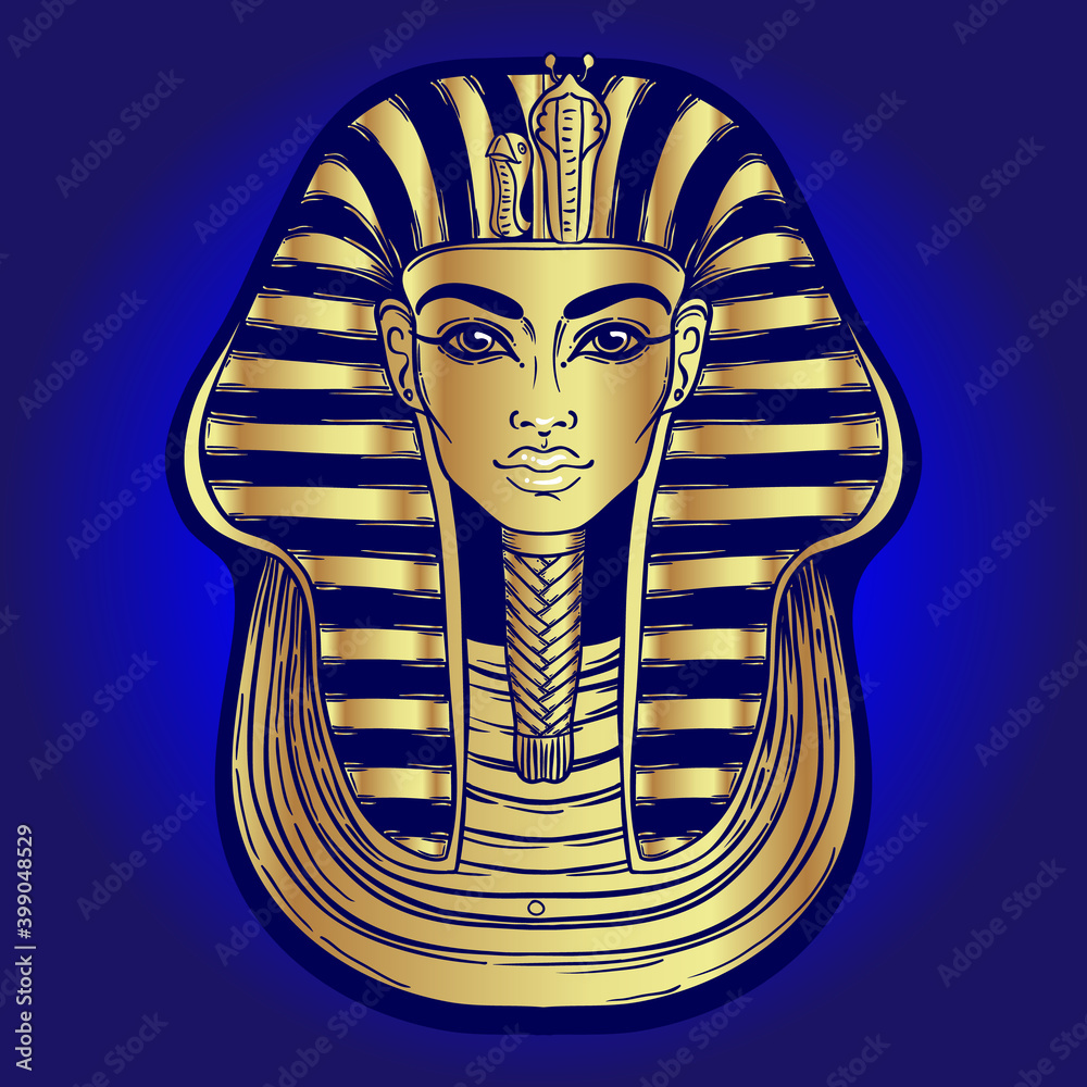 King Tutankhamun mask, ancient Egyptian pharaoh. Hand-drawn vintage ...