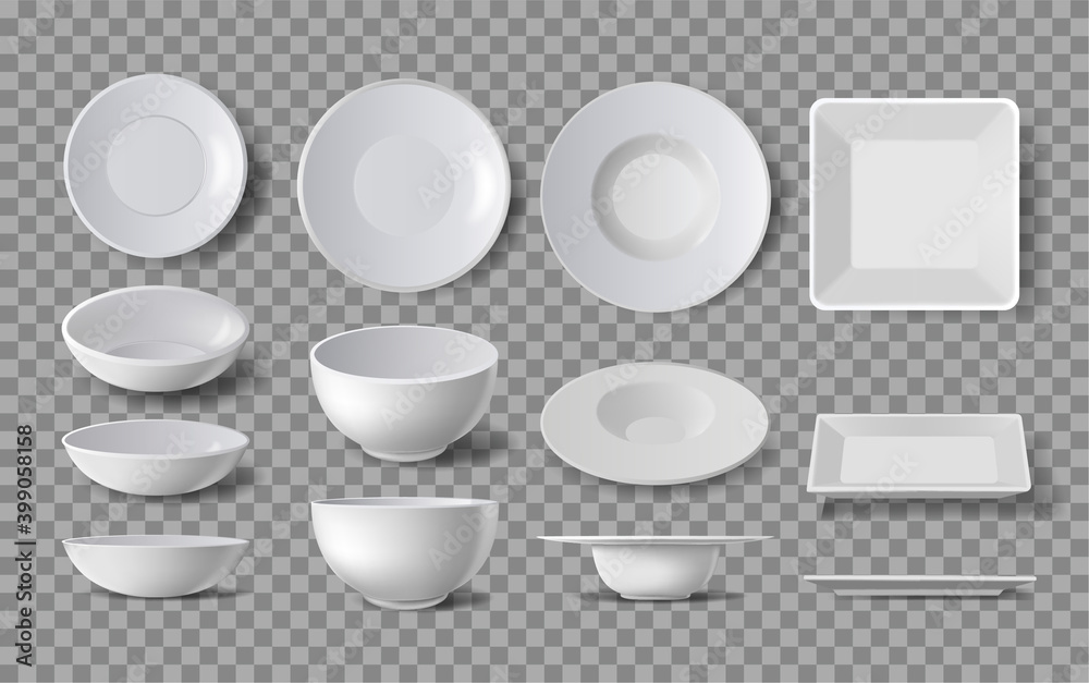 White realistic plates, set of white plates in four angles Stock ...