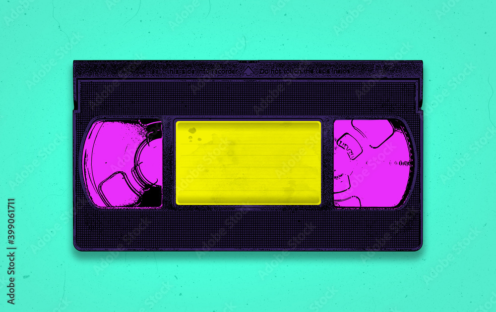 A vibrant and colorful retro synthwave themed VHS video tape ...
