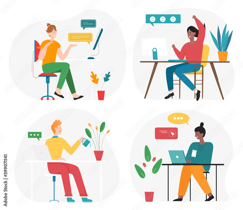 People office workers sitting at table vector illustration set. Cartoon ...