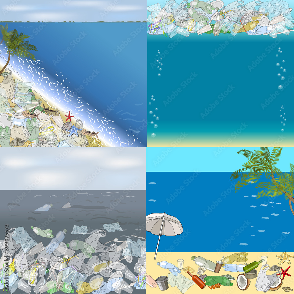 Environmental disaster of plastic debris in the ocean. Garbage on the ...