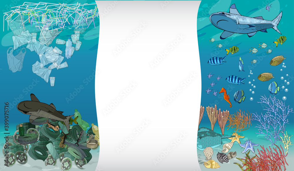 Vector template with different types of plastic garbage and chemical ...