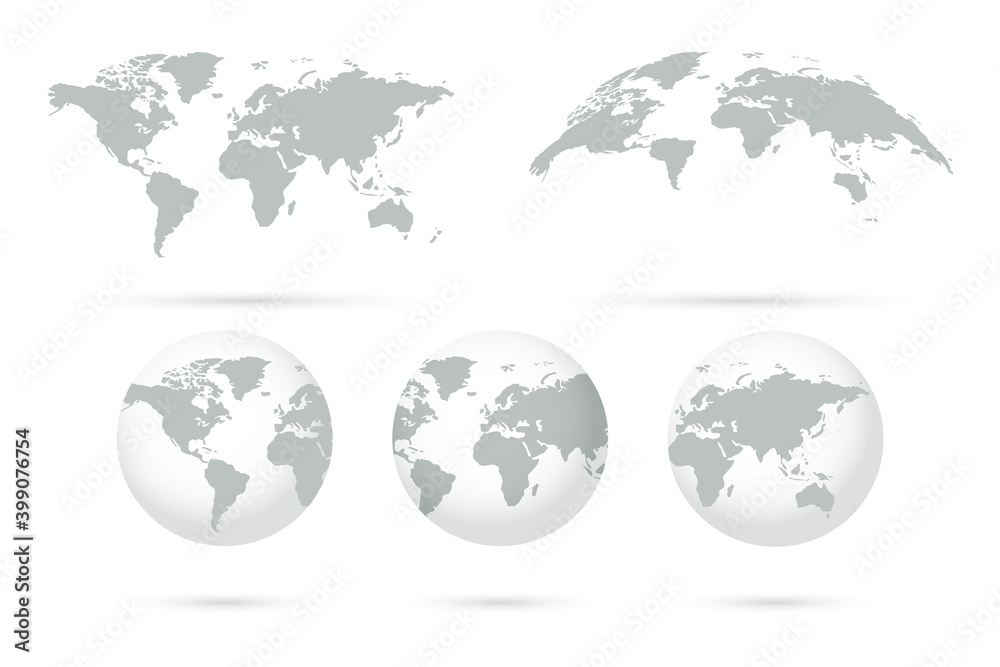 Set of map world and globes. Earth hemispheres with continents ...
