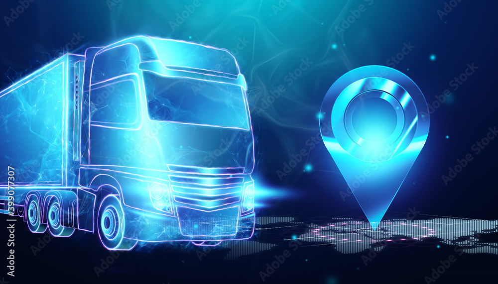 Truck hologram and world map on blue background. Parcel tracking applications, online cargo ...