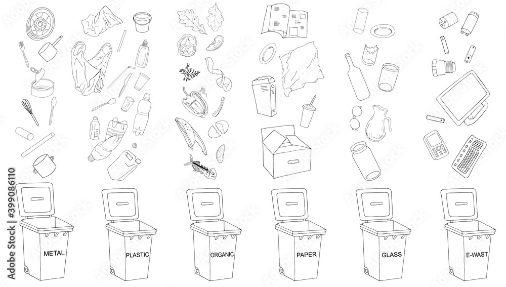 Trash cans with sorted garbage set. Different types of garbage ...