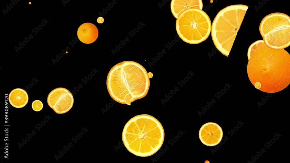 Vidéo Stock Flying many slices of oranges on a black background. Fresh ...