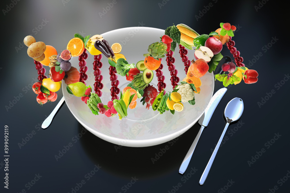 Nutrigenetics food concept DNA strand made from fruits and vegetables ...