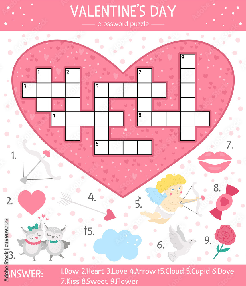 Vector Saint Valentine day crossword puzzle for kids. Simple heart ...