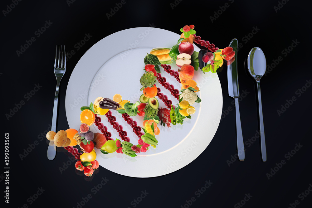 Nutrigenetics food concept DNA strand made from fruits and vegetables ...