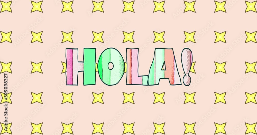 Headline HELLO in Spanish, kid-style with simple animation on a pastel ...