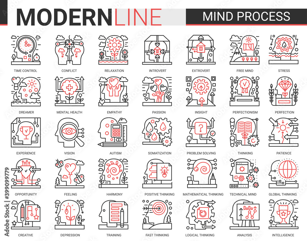 Mind process complex line icon vector illustration set. Red black thin ...