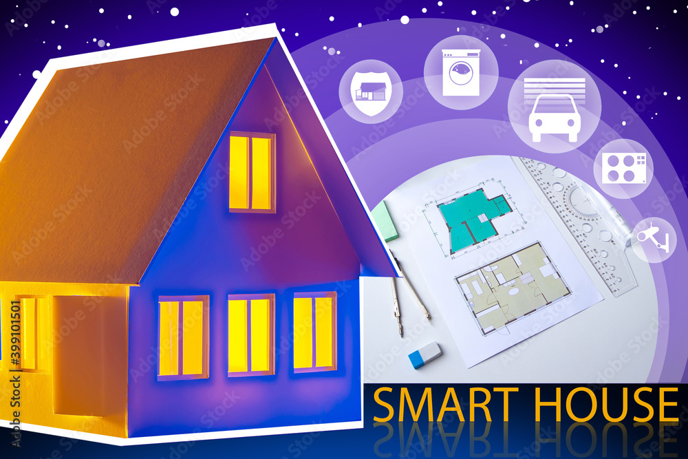 Smart home designing. Smart home logo next to architectural drawings ...