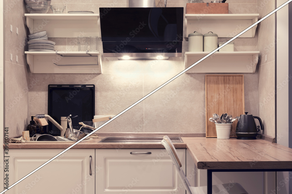 Clean and cluttered kitchen before and after. Modern kitchen before ...