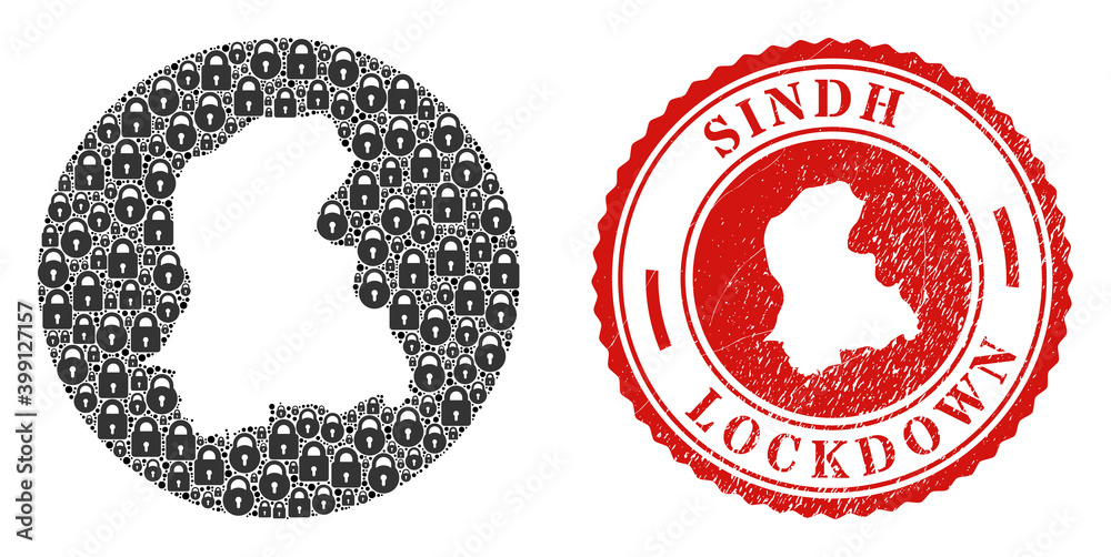 Vector mosaic Sindh Province map of locks and grunge LOCKDOWN seal ...