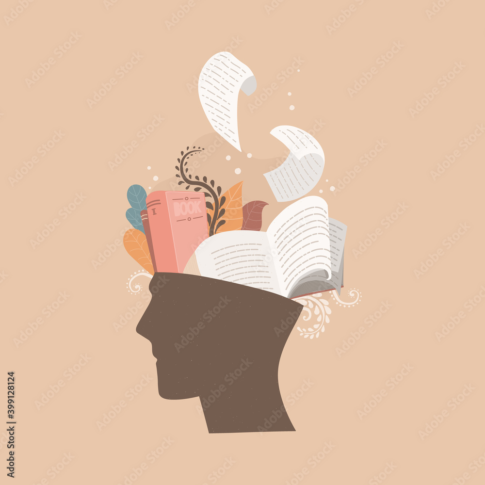 Human head with books inside. Book lover, knowledge and education ...