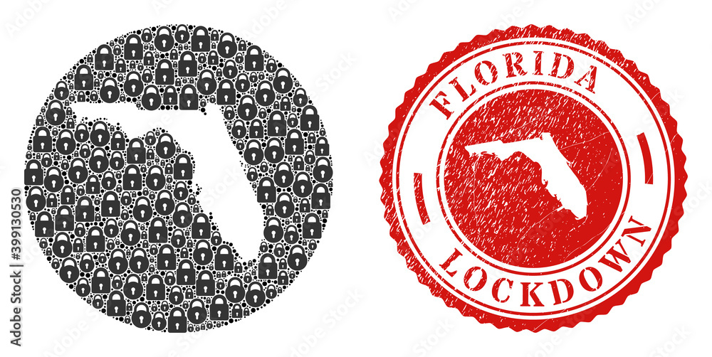 Vector mosaic Florida State map of locks and grunge LOCKDOWN seal stamp ...