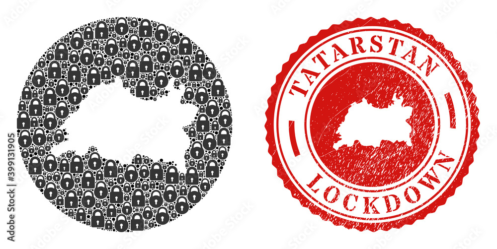Vector mosaic Tatarstan map of locks and grunge LOCKDOWN stamp. Mosaic ...