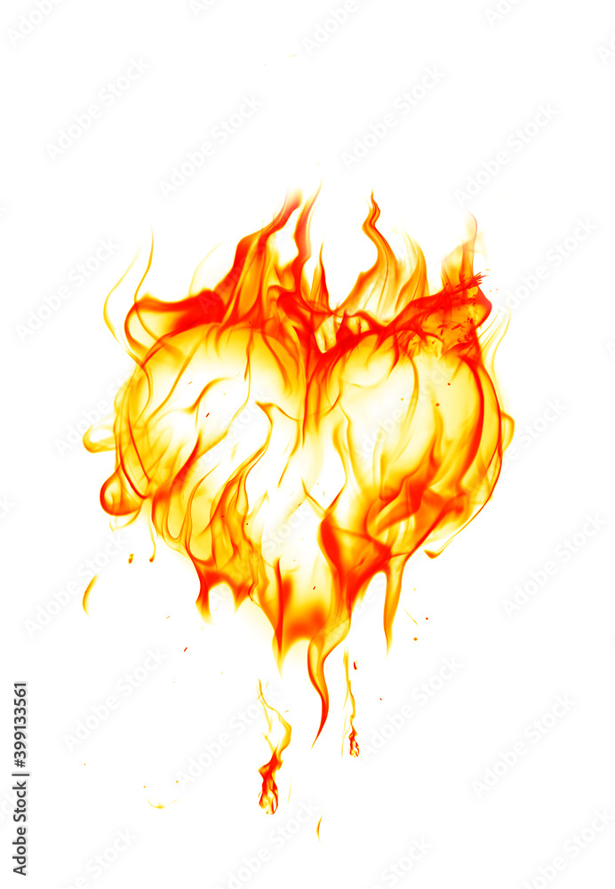 Burning heart symbol. Real fire flames isolated on white background ...