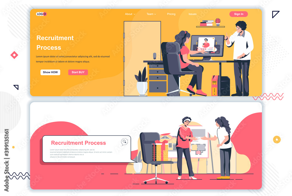 Recruitment process landing pages. HR managers, staff headhunting ...