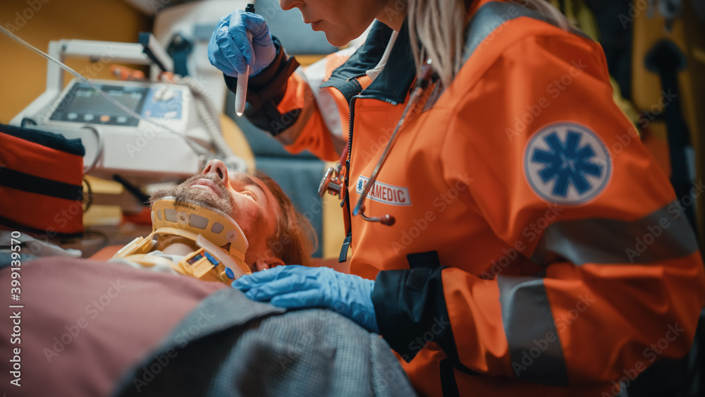 Female Professional EMS Paramedic Ride to Healthcare Hospital with ...