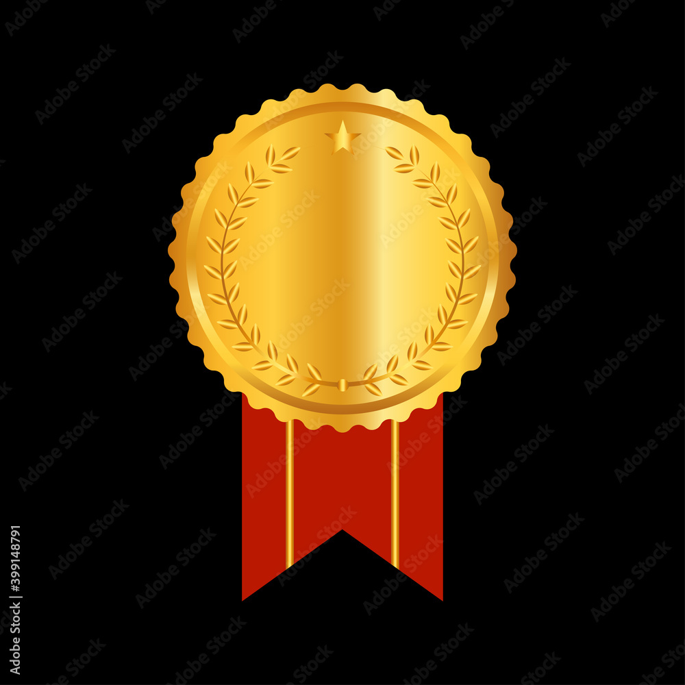 Golden stamp with ribbons isolated on white background. Luxury seal. Award medal 3d realistic ...