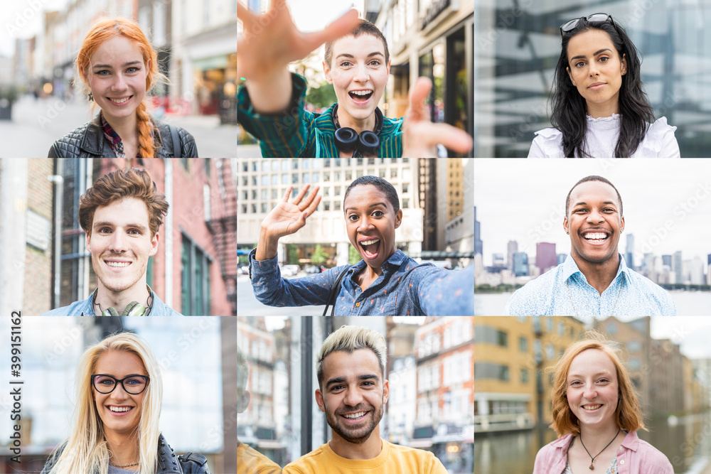 Happy multiethnic people portraits collection - Group headshots in ...