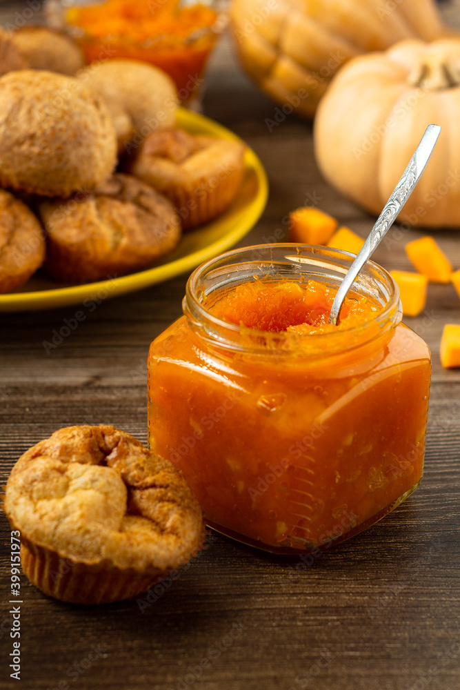 Pumpkin jam. Tasty homemade sweet spicy vegetable jam in a glass jar ...
