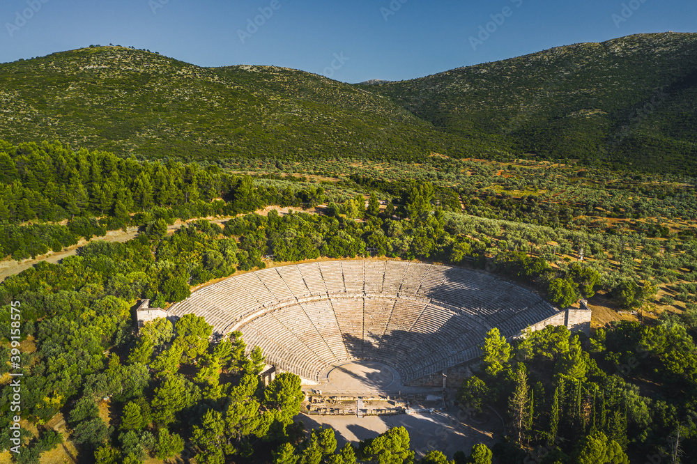 Ancient amphitheater of Epidaurus at Peloponnese, Greece Stock Photo ...
