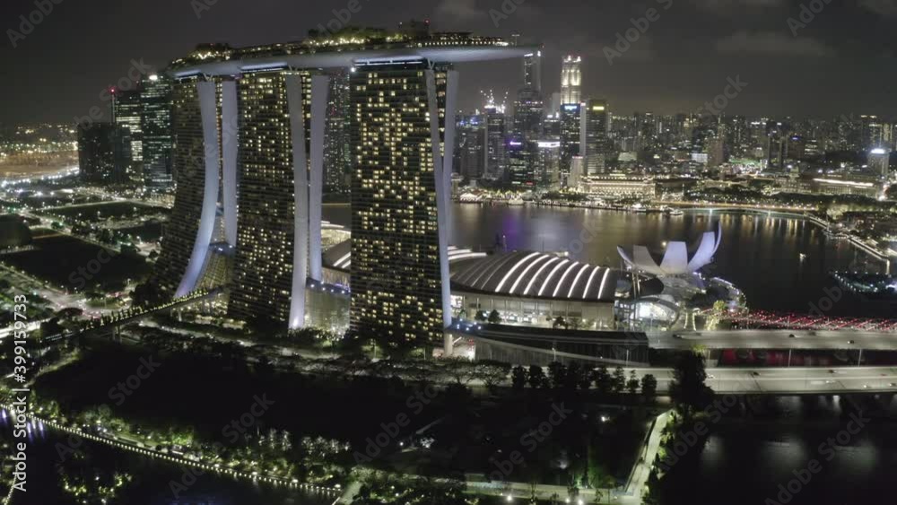 4K Aerial of Marina Bay Sands Singapore Skyline at night Stock Video ...