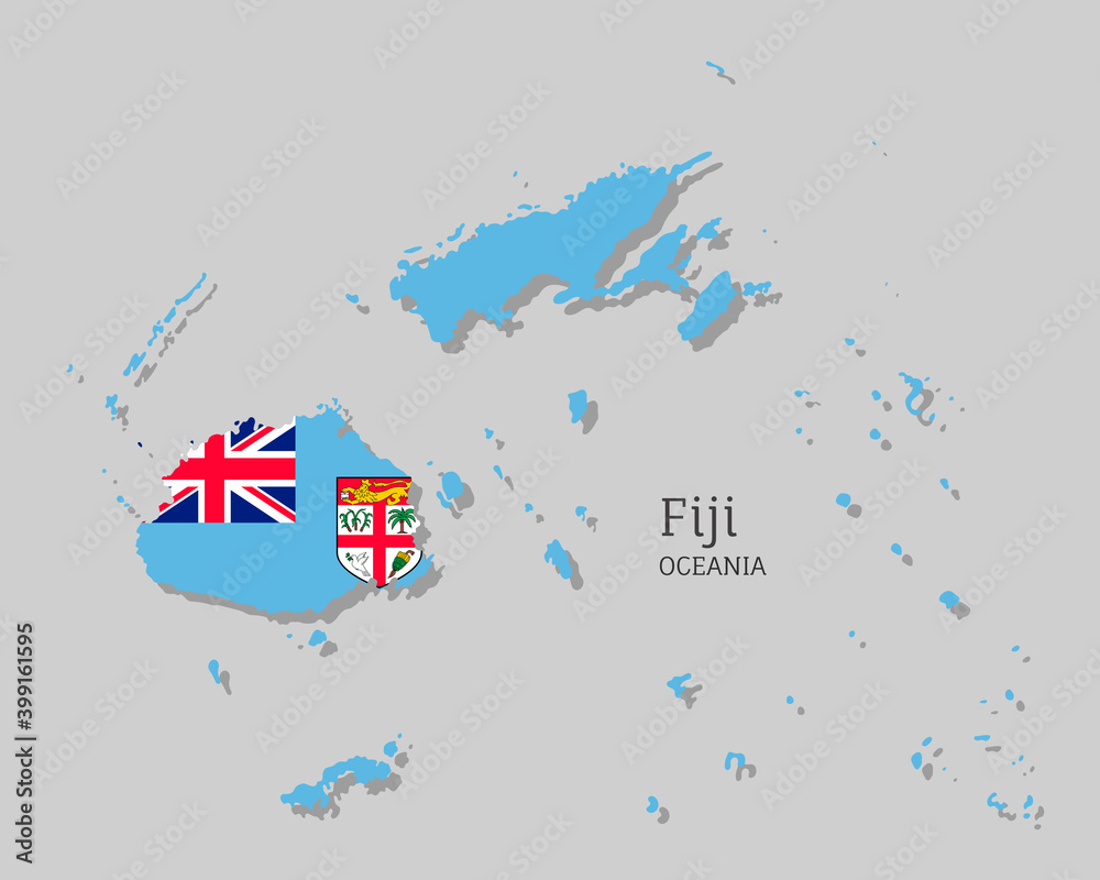 Map of Fiji with national flag. Highly detailed editable map of Oceania ...