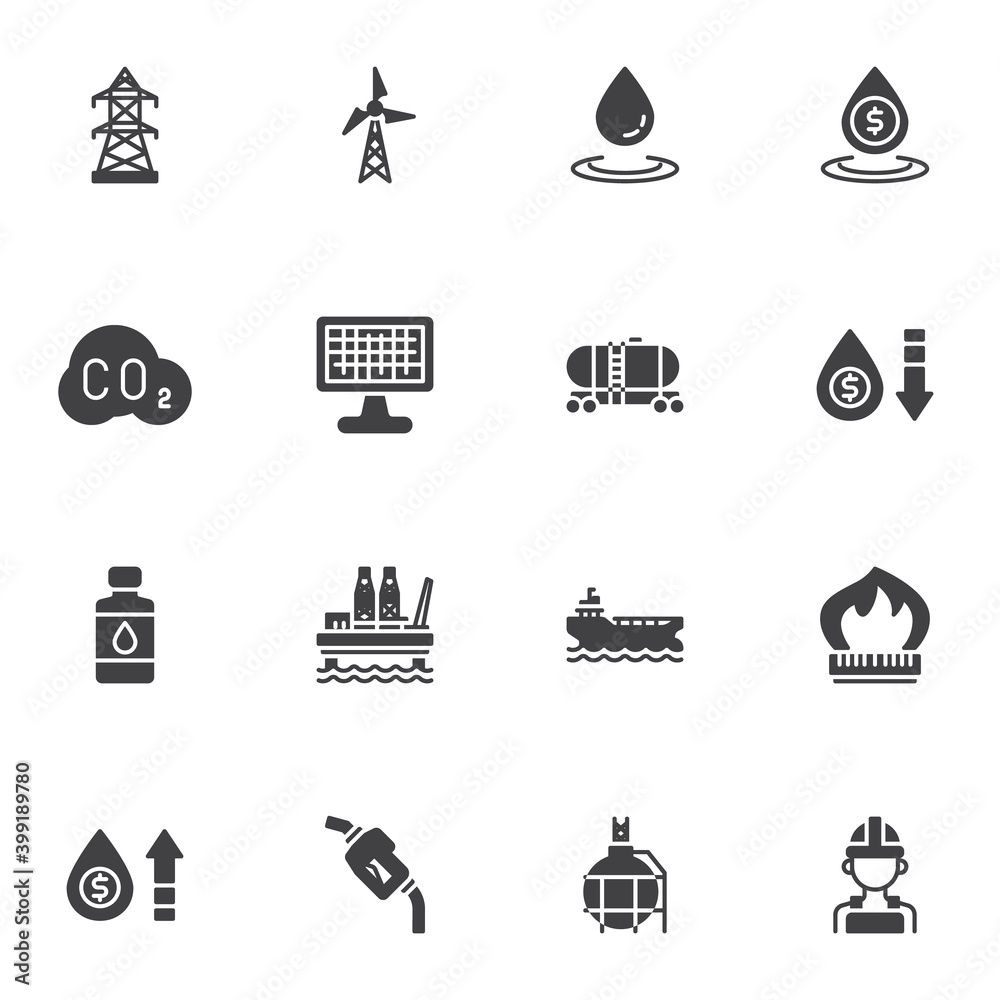 Vetor de Oil and gas industry vector icons set, modern solid symbol ...