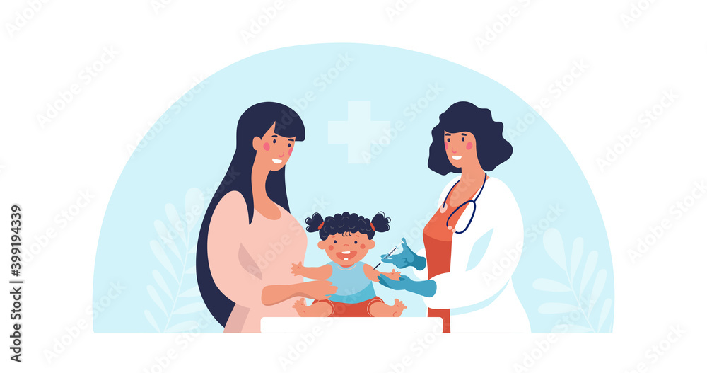 Concept illustration about vaccination of children, mother and child at ...