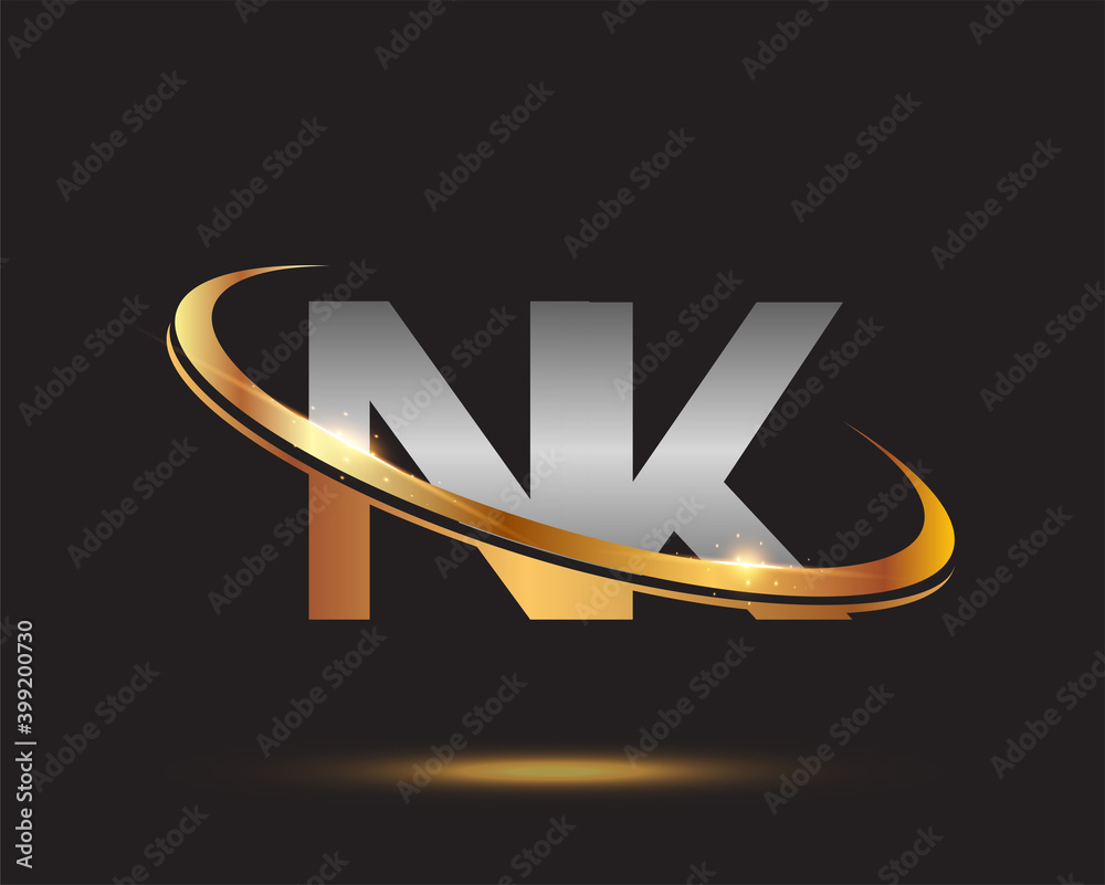 initial letter NK logotype company name colored gold and silver swoosh ...