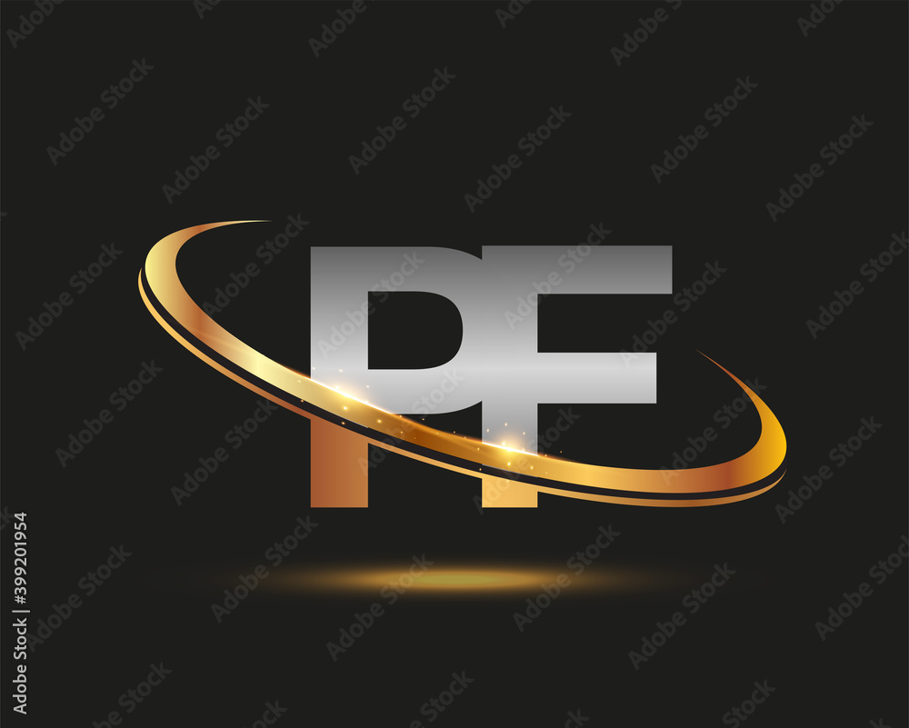 initial letter PF logotype company name colored gold and silver swoosh ...