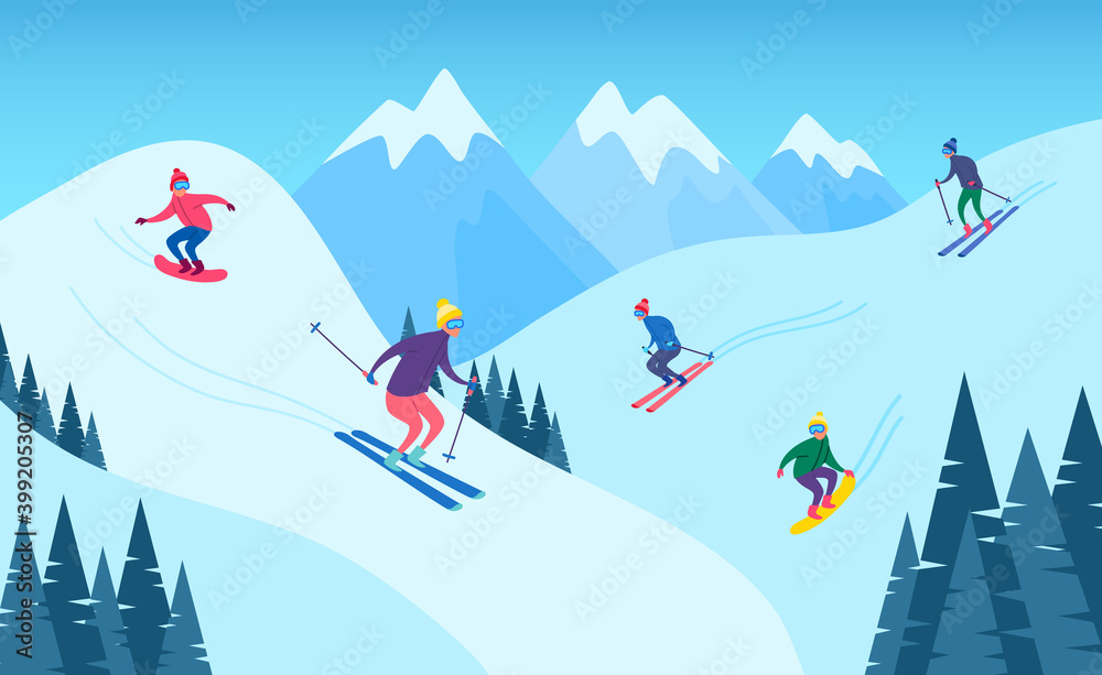 Cartoon Color Characters People Skiing and Snowboarding Concept. Vector ...