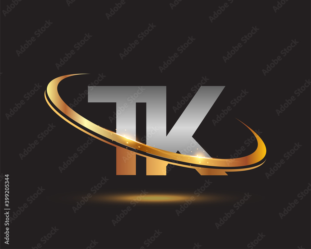 initial letter TK logotype company name colored gold and silver swoosh ...