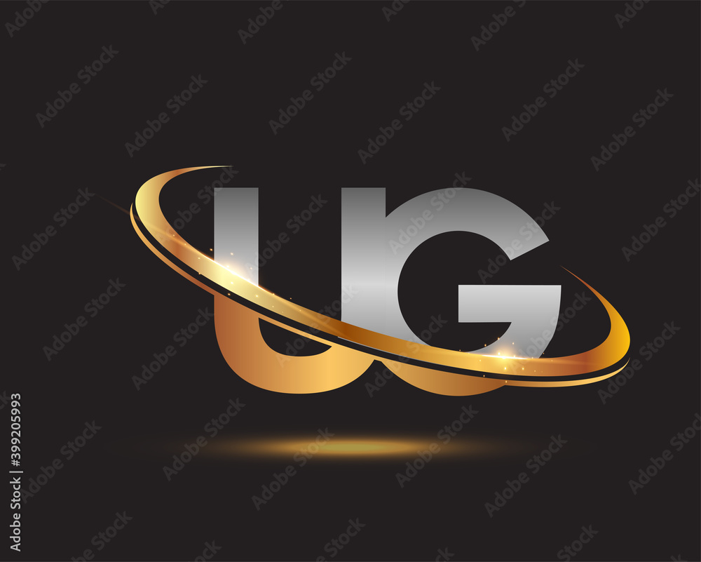 initial letter UG logotype company name colored gold and silver swoosh ...