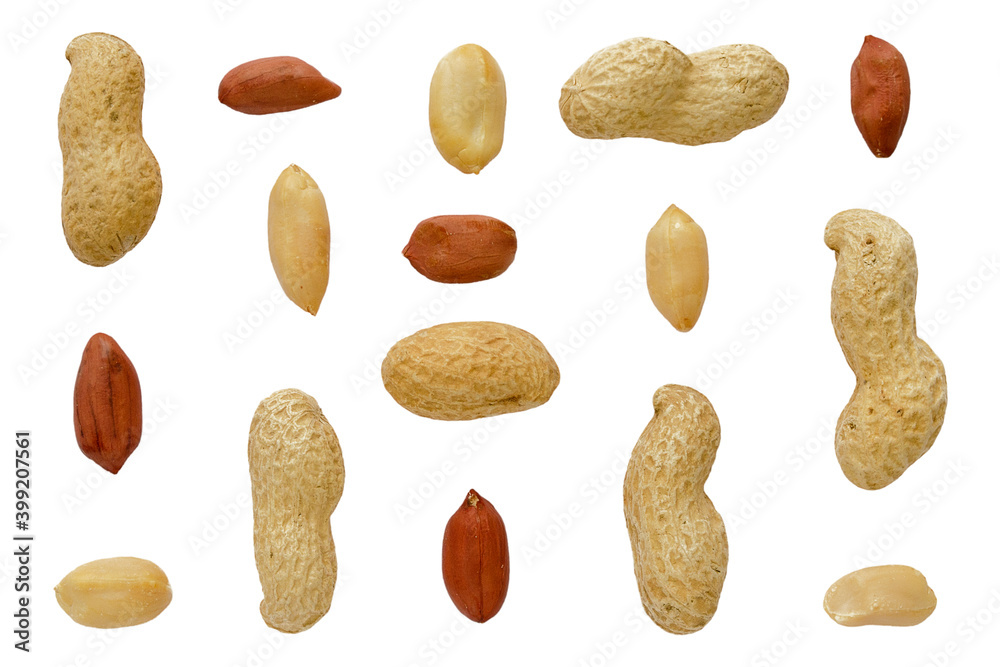 Peanuts in shell, peeled, isolated on white background, top view ...