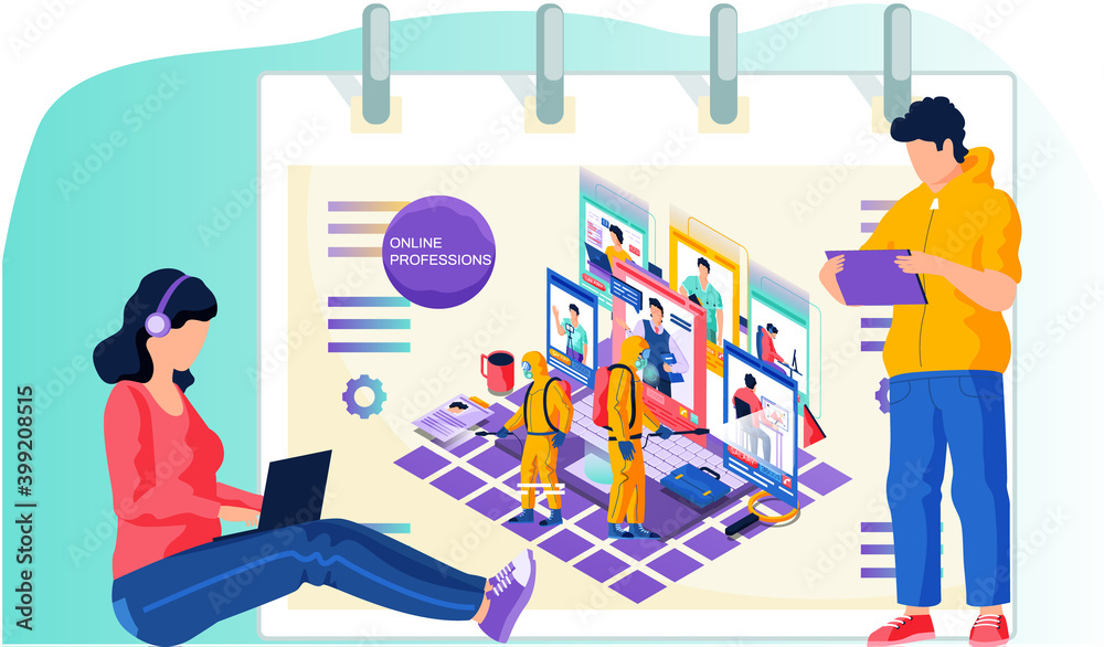 People work online while sanitary workers treat their workplace with ...