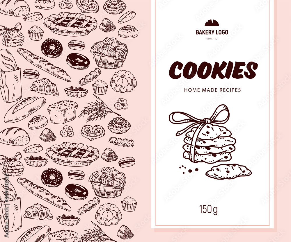 Vector packaging design with bakery goods pattern and cookies label ...