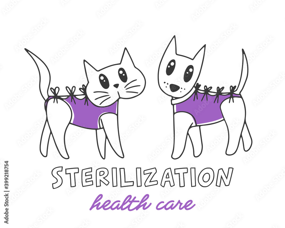Vector hand drawn icon for veterinary clinic. Dog and cat after surgery ...
