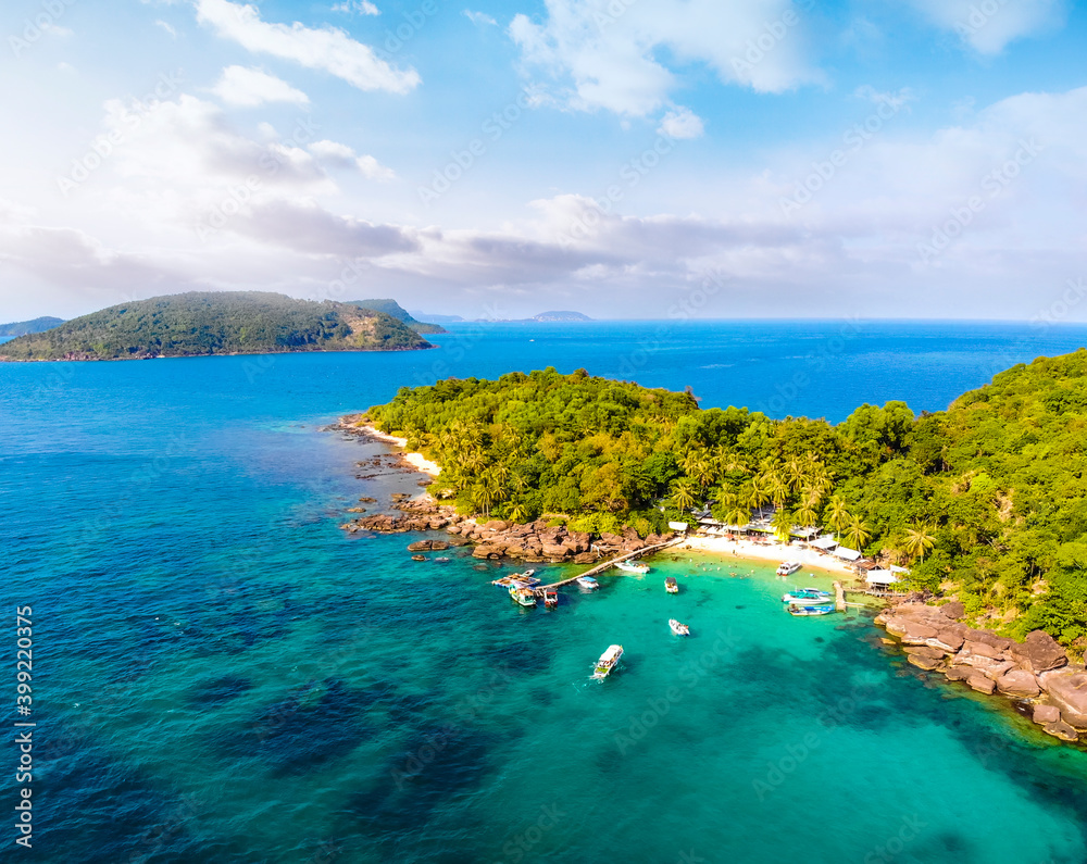 Aerial view of beautiful landscape, tourism boats, and people swimming ... Aerial view of beautiful landscape, tourism boats, and people swimming ...