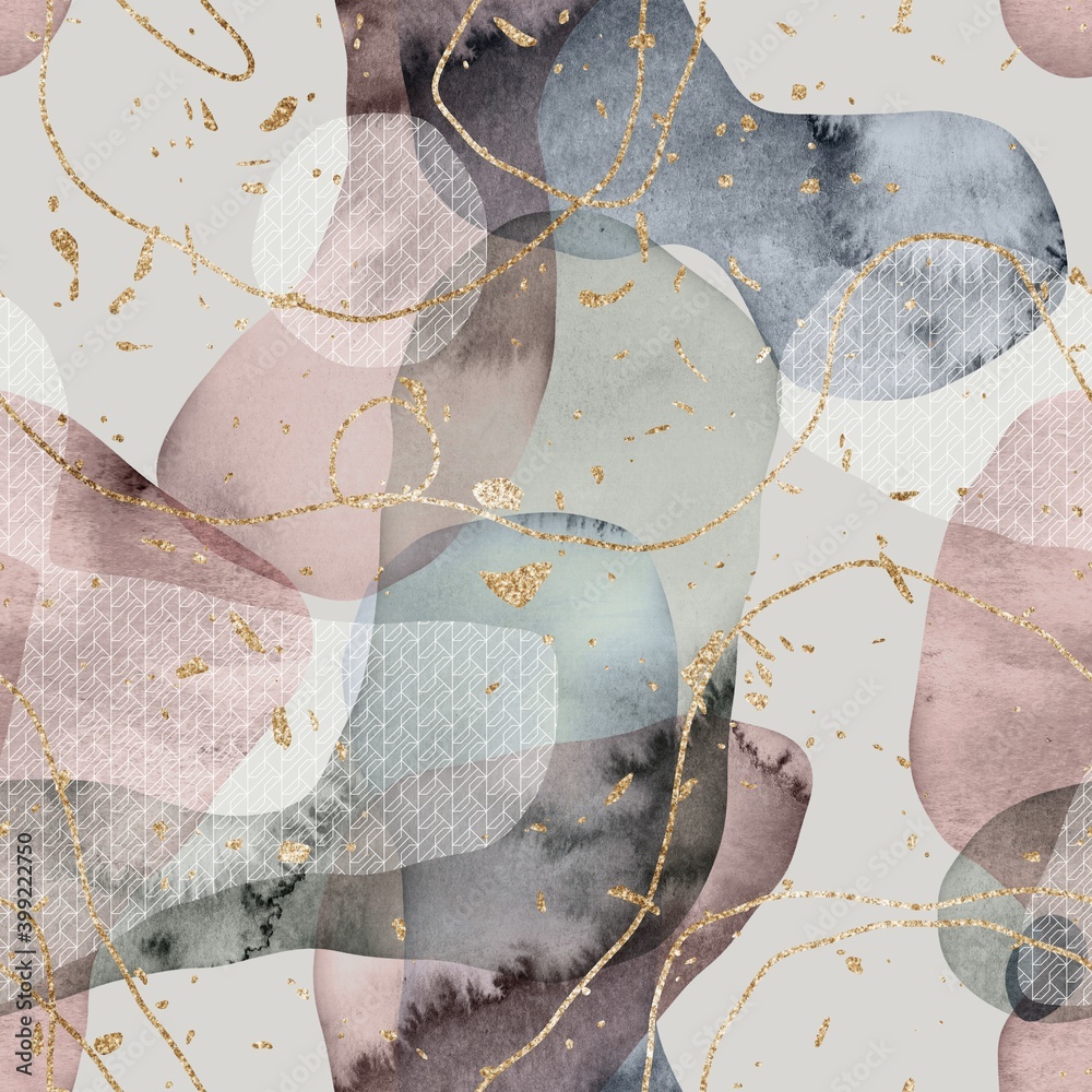 Seamless minimalist abstract watercolor paint and gold blobs shapes ...