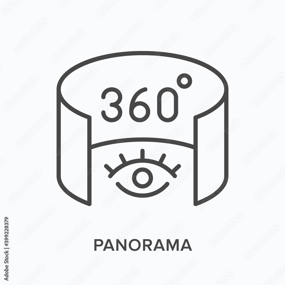 360 degree panorama flat line icon. Vector outline illustration of 3d ...