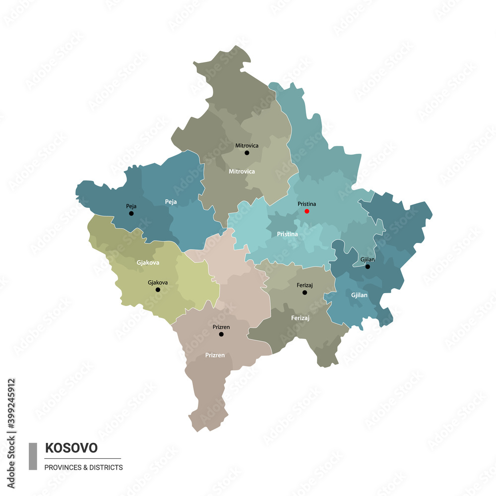 Kosovo higt detailed map with subdivisions. Administrative map of ...