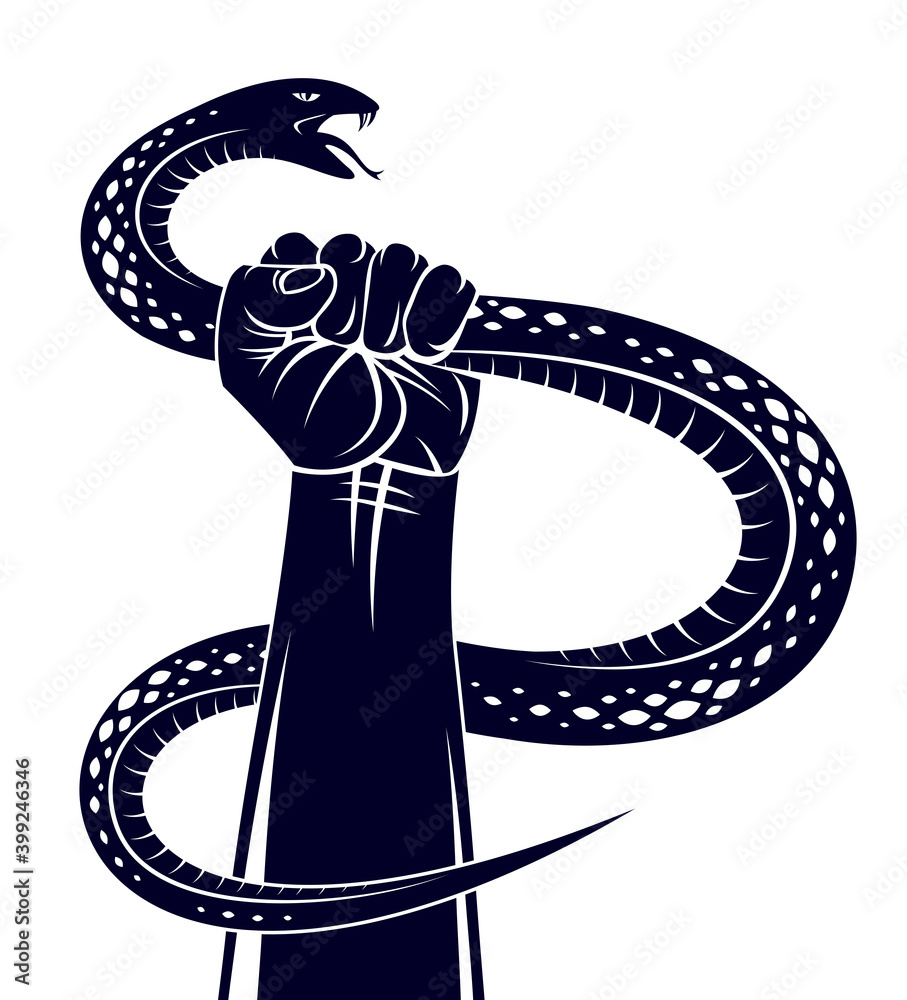 Hand squeezes a snake, fight against evil, control your dark side ...